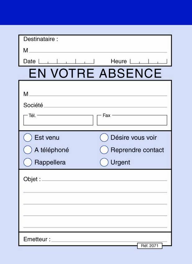Bloc Message - En votre Absence - 140 x 105 mm ELVE 2071 | ARC Registres